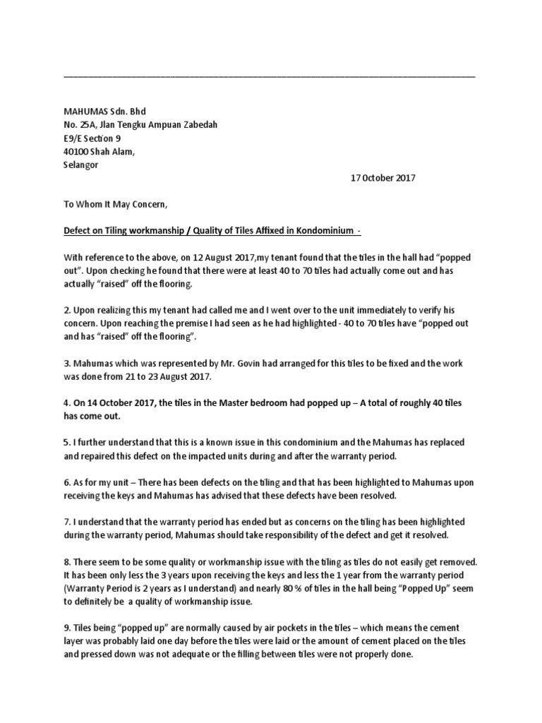 Defect On Tiling Workmanship / Quality of Tiles Affixed in Kondominium ...