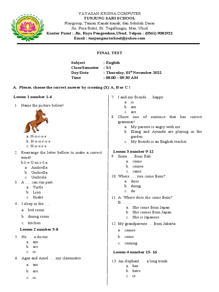 Final Test Semester 1 Grade 3 | PDF