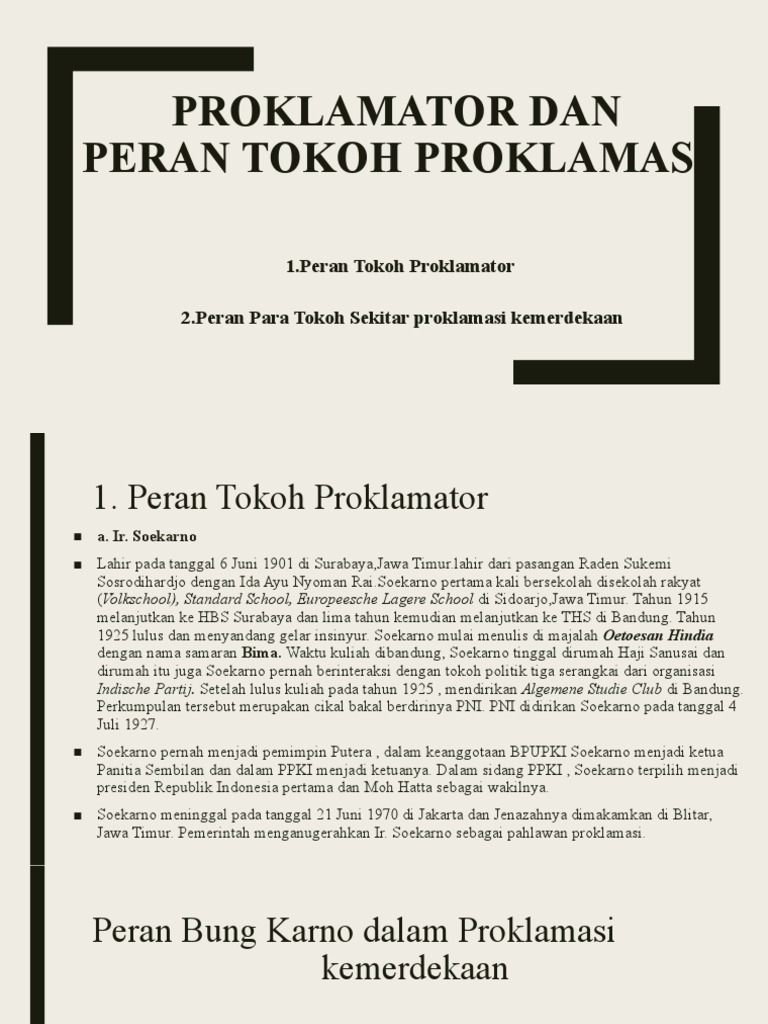 Proklamator Dan Peran Tokoh Proklamasi Jtugas Sejarah Kelompok 1 | PDF