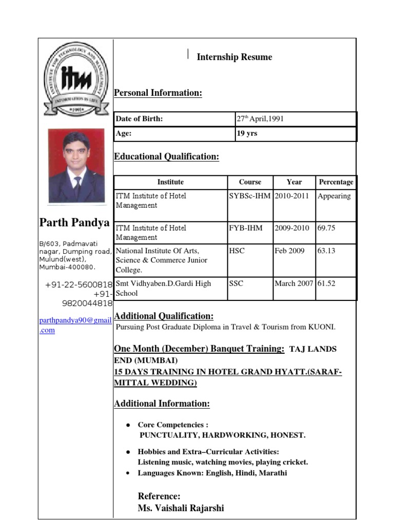 Internship Resume of Parth Pandya | PDF
