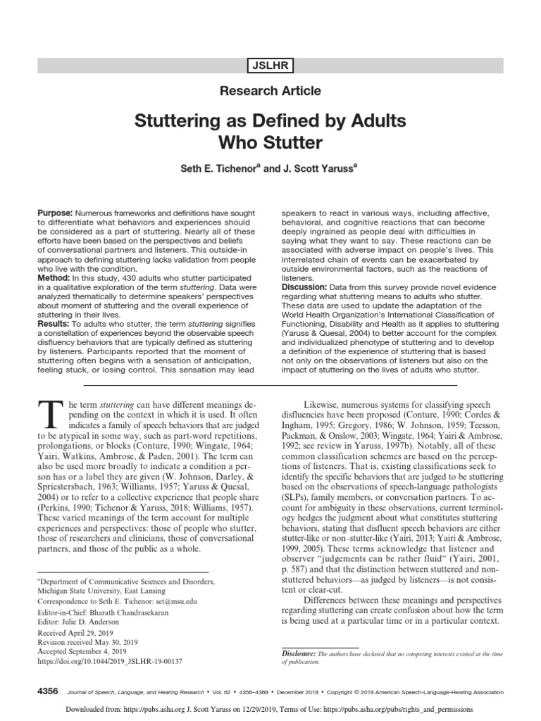 Stuttering As Defined by Adults Who Stutter: Research Article | PDF | Stuttering | Affect ...