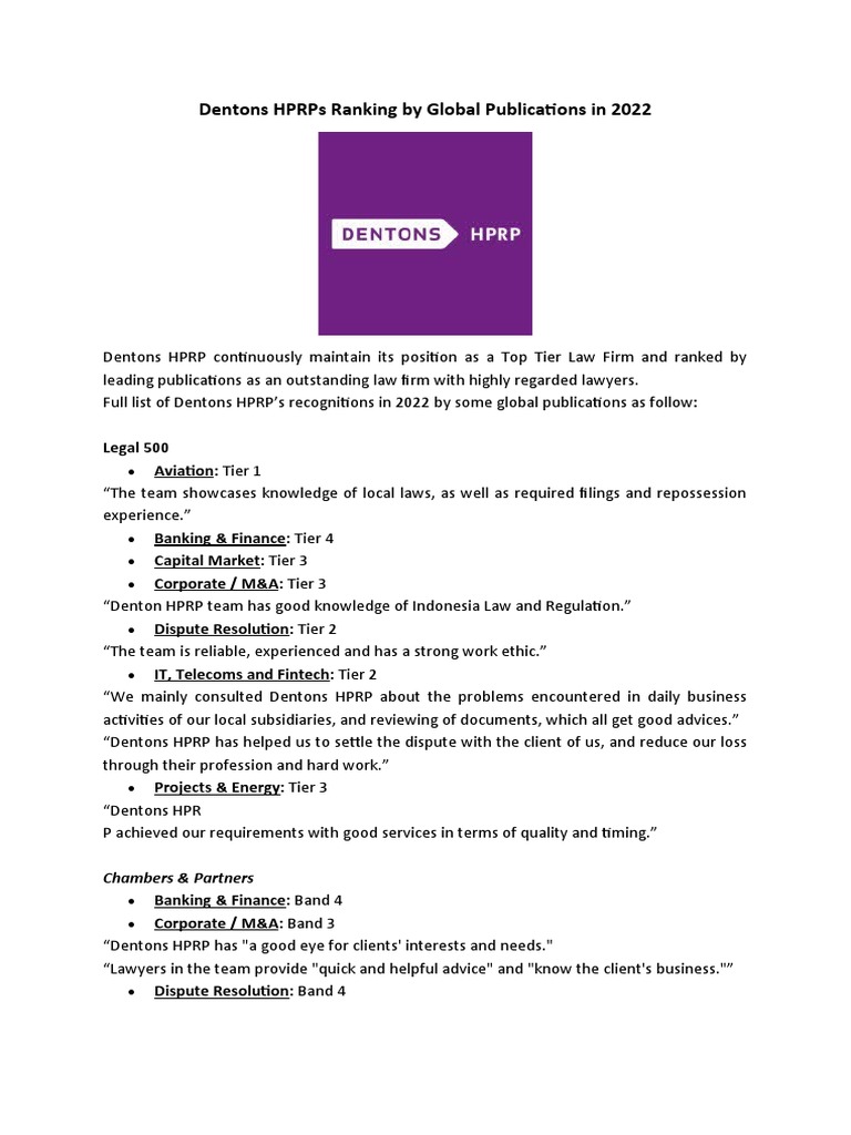 Dentons HPRP 2022 Global Rankings Overview | PDF | Law Firm | Mergers ...
