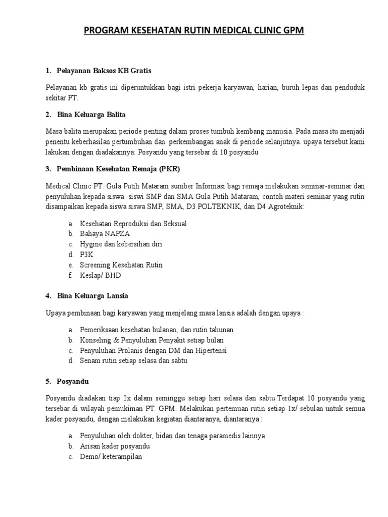 Program Kesehatan Rutin Medical Klinik GPM | PDF