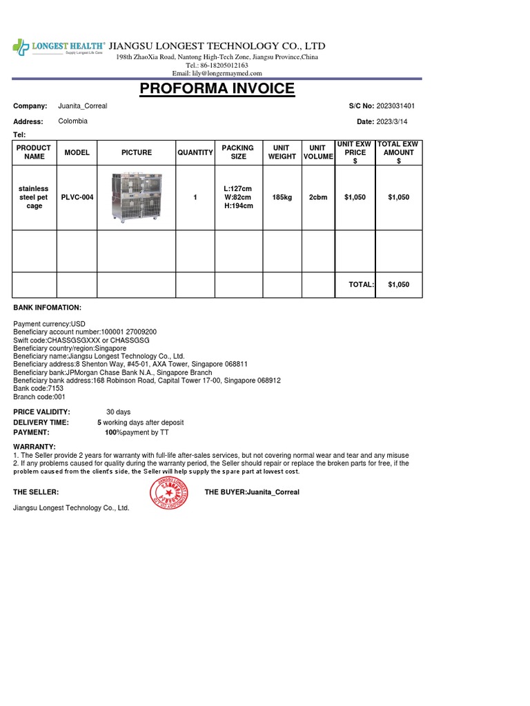 Proforma Invoice: Jiangsu Longest Technology Co., LTD | PDF | Service Industries | Financial Markets