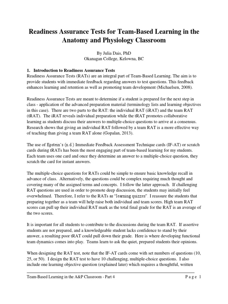 4 Readiness Assurance Tests For Team-Based Learning in The A and P ... 4 Readiness Assurance Tests For Team-Based Learning in The A and P ...
