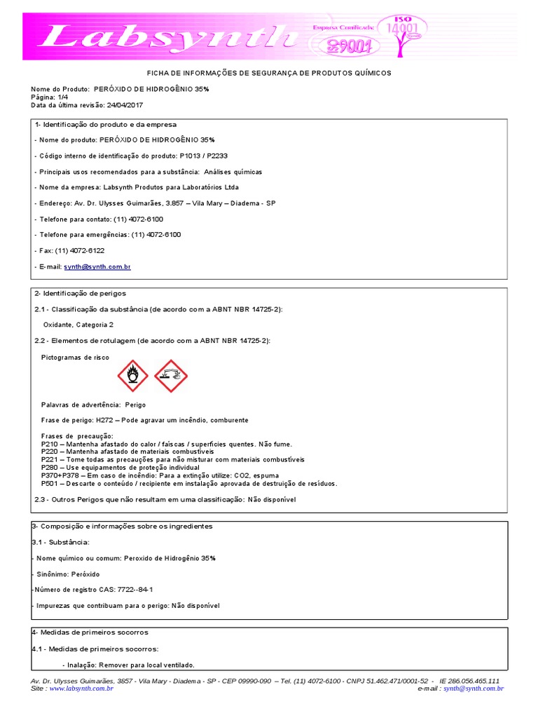 FISPQ - Peroxido de Hidrogenio Versão2017 | PDF | Química | Oxigênio FISPQ - Peroxido de Hidrogenio Versão2017 | PDF | Química | Oxigênio