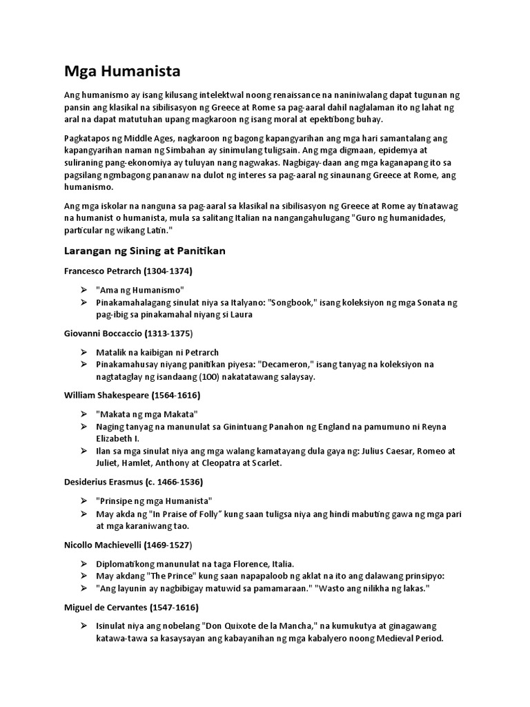Mga Humanista: Larangan NG Sining at Panitikan | PDF