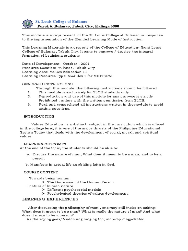 Module 1 Midterm Val. Ed | PDF | Id | Psychology