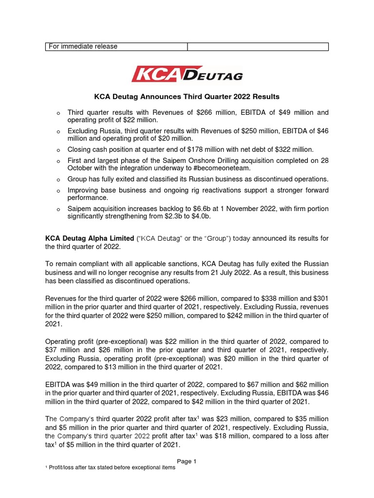KCA Deutag Announces Third Quarter 2022 Results | PDF | Financial Statement | Depreciation