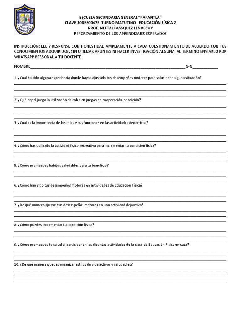 CUESTIONARIO PLAN DE REFORZAMIENTO 2do - GRADO | PDF | Aprendizaje