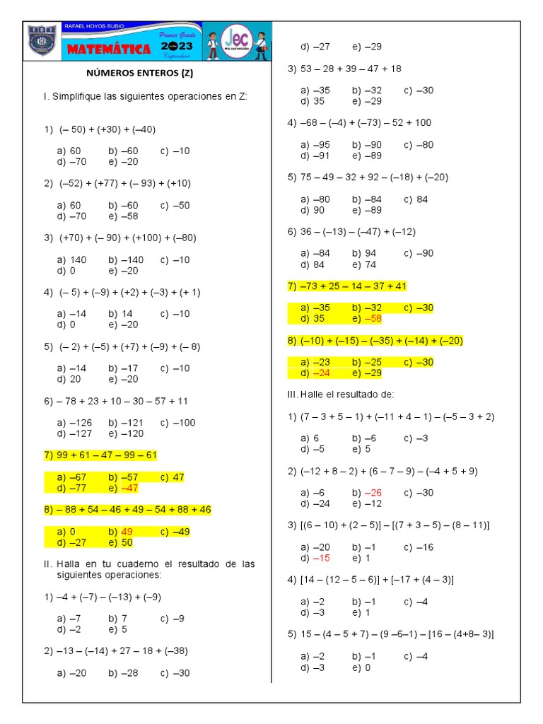 Ejercicios de Operaciones con Números Enteros | PDF