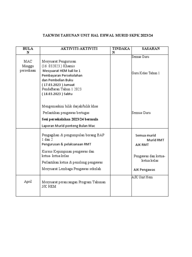Takwim Aktiviti HEM SKPK 2023/24 | PDF