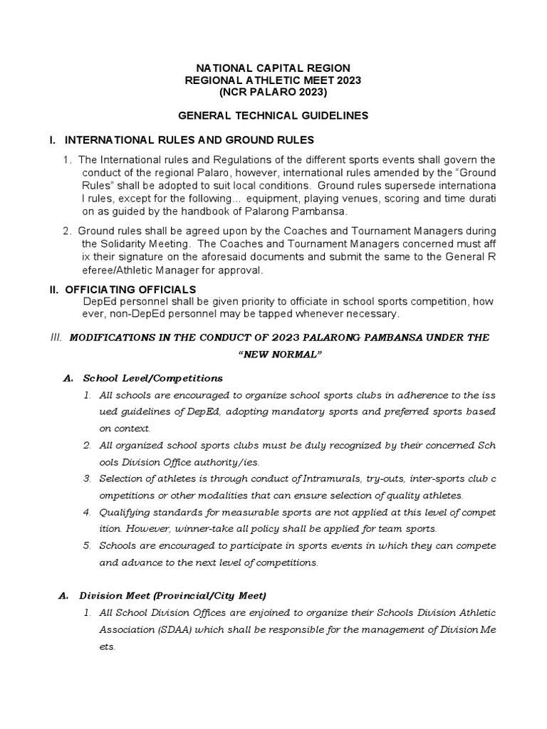 NCR Palaro 2023 Technical Guidelines | PDF | Volleyball | Ball Games