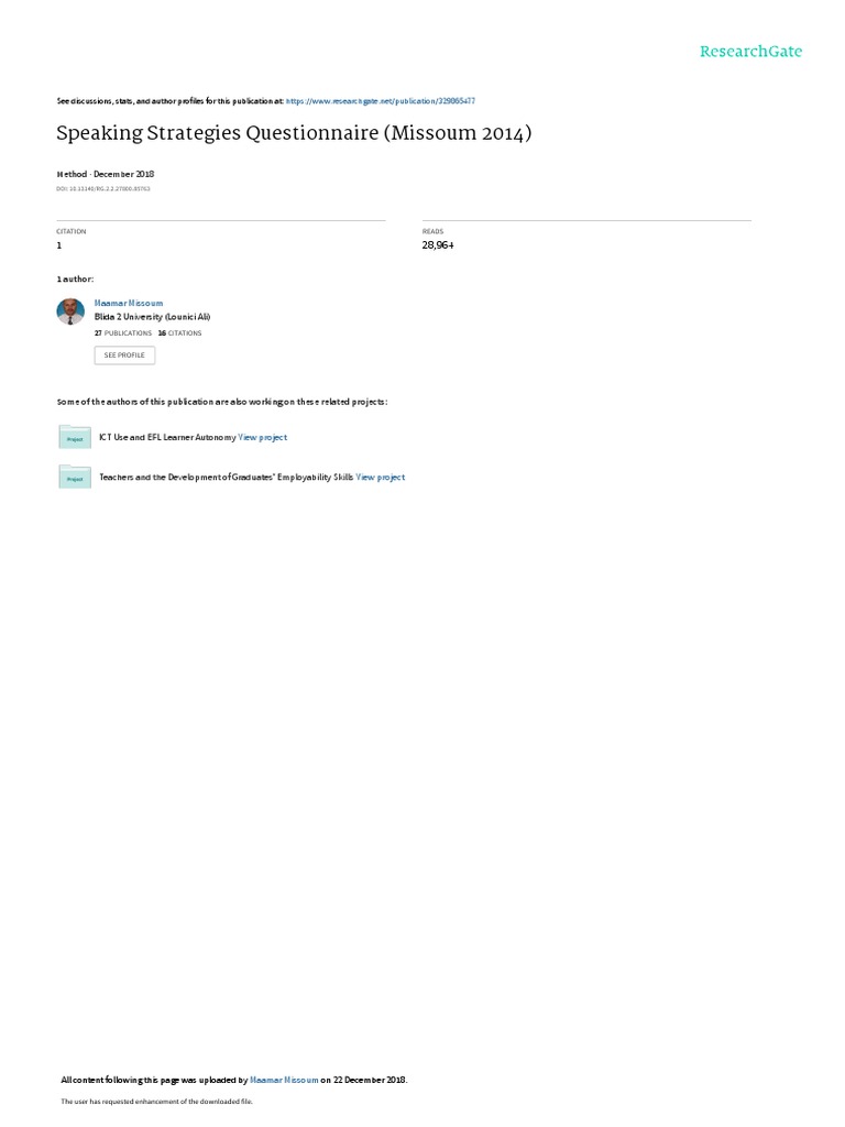 Speaking Strategies Questionnaire (Missoum 2014) : December 2018 | PDF ...