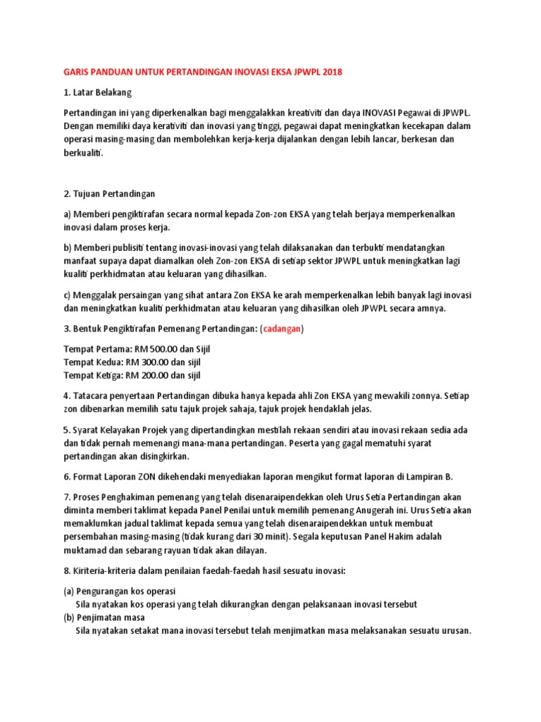 Garis Panduan Untuk Pertandingan Inovasi Eksa JPWPL 2018 | PDF