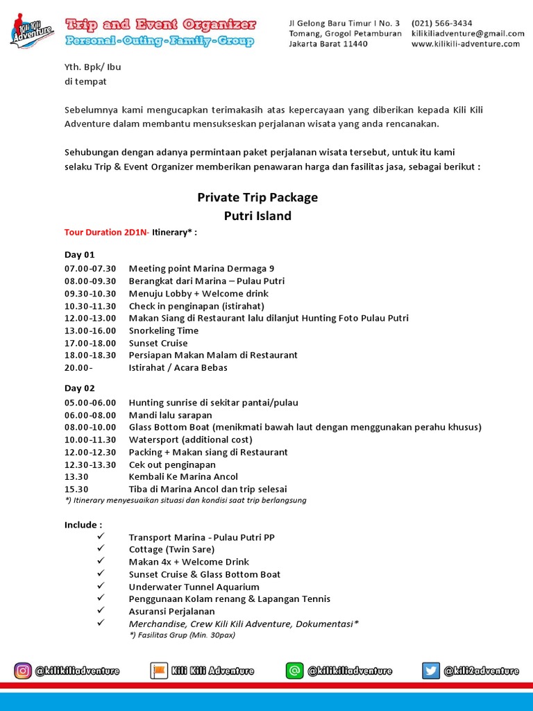 Private Trip Package Putri Island: Tour Duration 2D1N | PDF