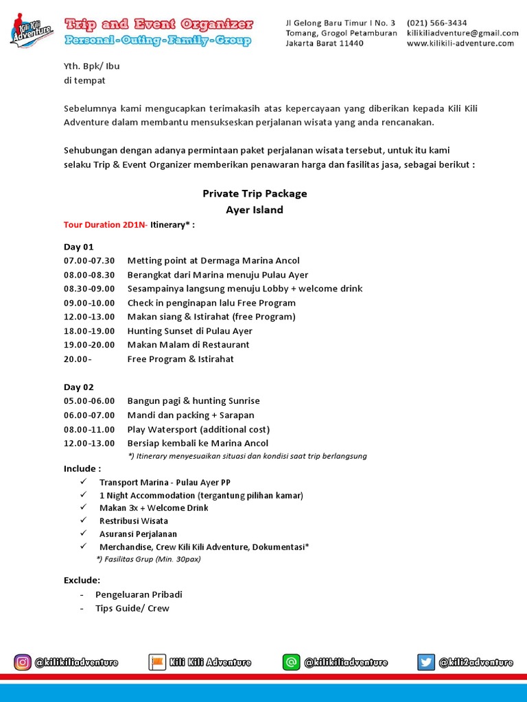 Private Trip Package Ayer Island: Tour Duration 2D1N | PDF