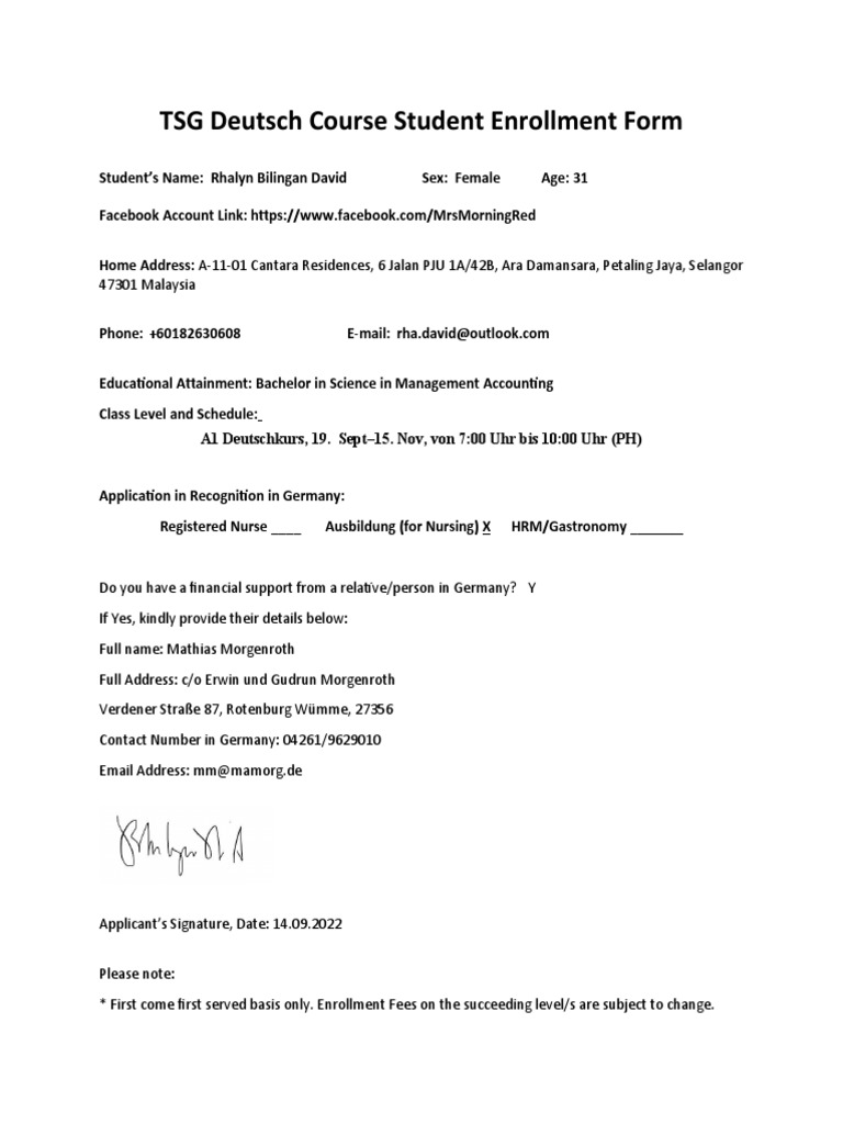 Rhalyn Bilingan David - TSG-Deutsch-Course-Student-Enrollment-Form | PDF