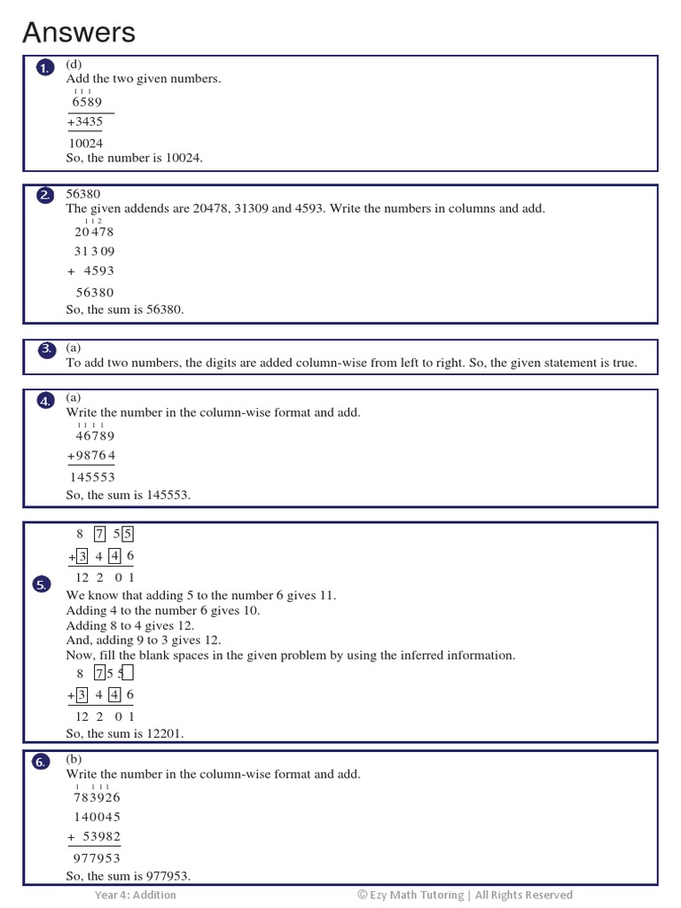 Year 4 Maths Test - Addition - Answers | PDF | Elementary Mathematics ...