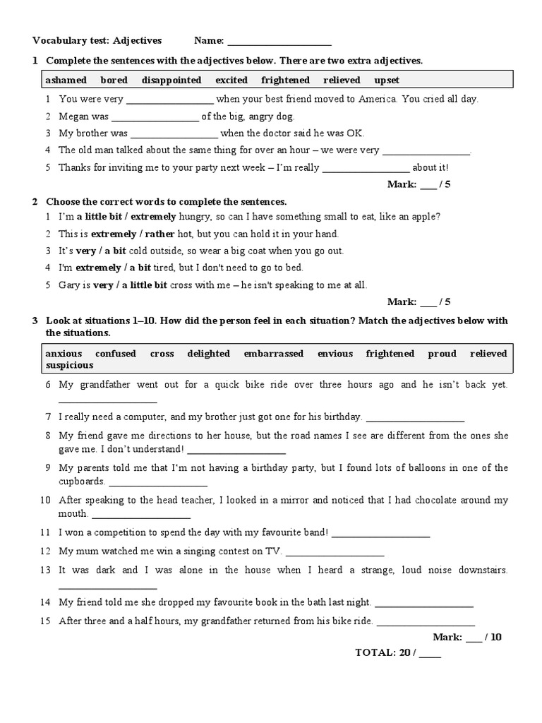 Vocabulary Test Adjectives | PDF