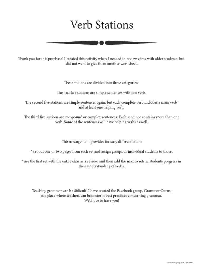 1 - Verb Stations - Main Verbs and Helping Verbs | PDF | Classroom