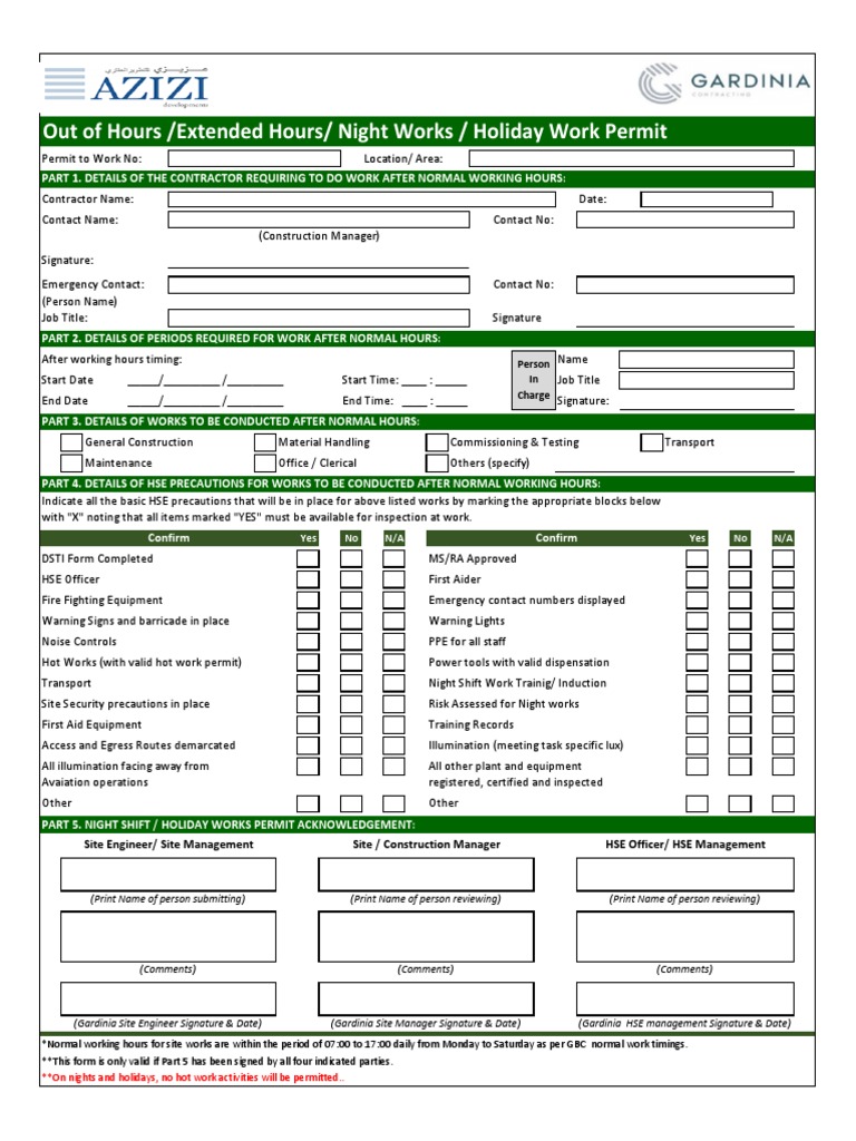 Permit Application for After Hours and Holiday Construction Work ...