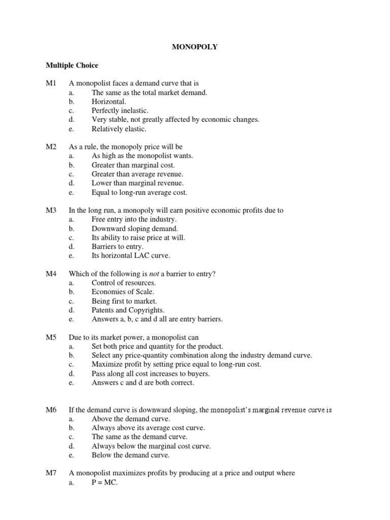 Managerial Economics Questions: Monopoly and Mopolistic Competition ...
