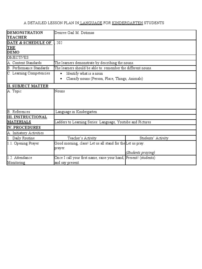 Revision In Lesson Plan For Language In Kinder PDF Learning Teachers