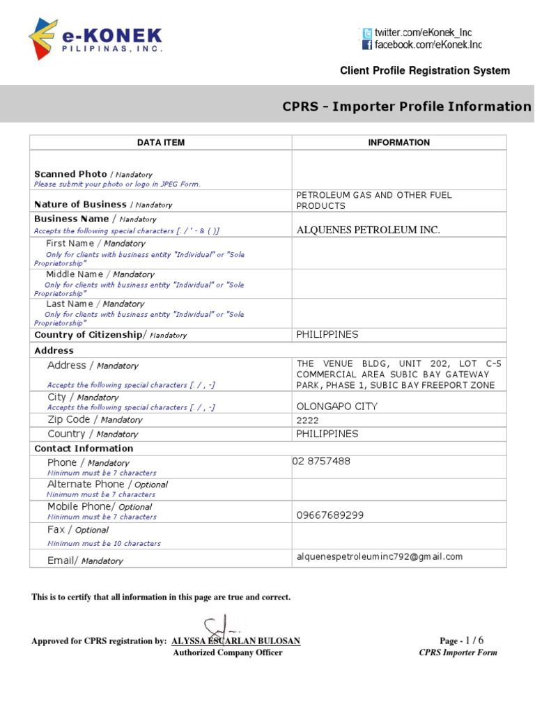 CPRS - Importer Profile Information: Client Profile Registration System ...
