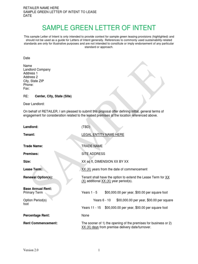 Sample Green Letter of Intent | PDF | Lease | Leasehold Estate