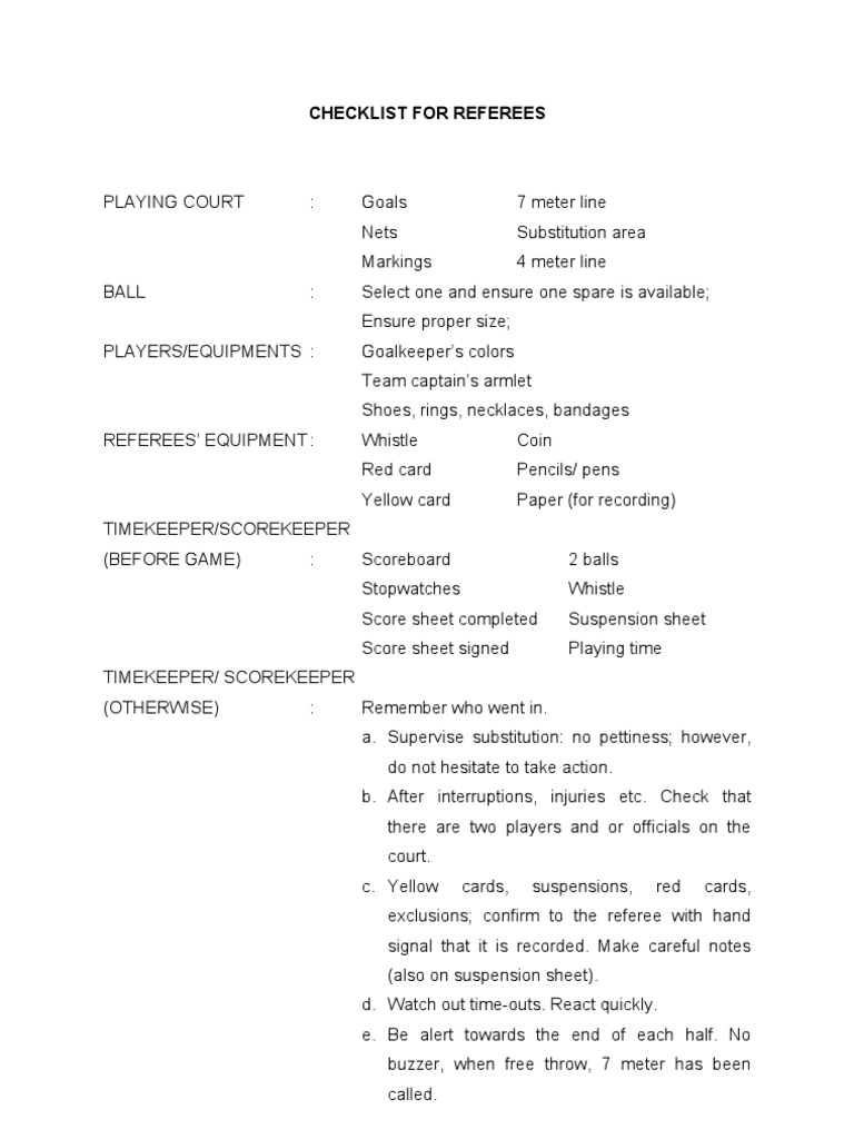 Handball Referee Duties Checklist | PDF | Referee | Team Sports