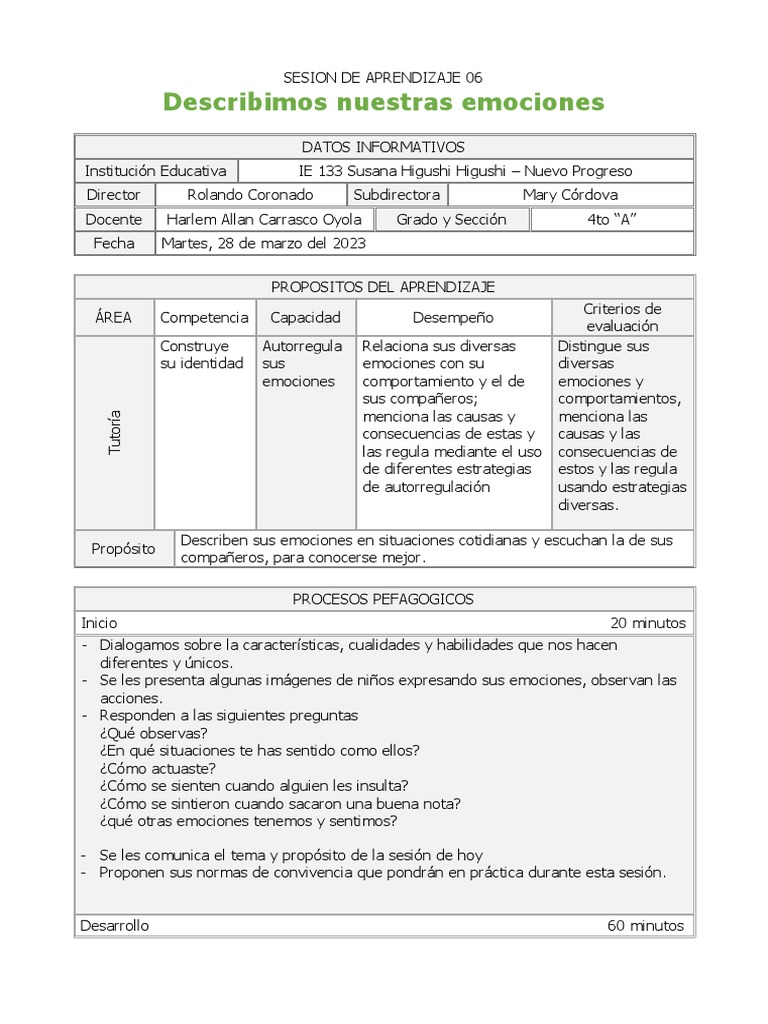 Sesion de Aprendizaje Las Emociones | Descargar gratis PDF | Las emociones | Aprendizaje