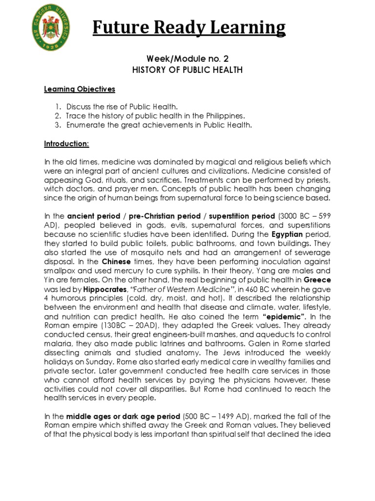 Module 2 HISTORY OF PUBLIC HEALTH | PDF | Public Health | Health Sciences