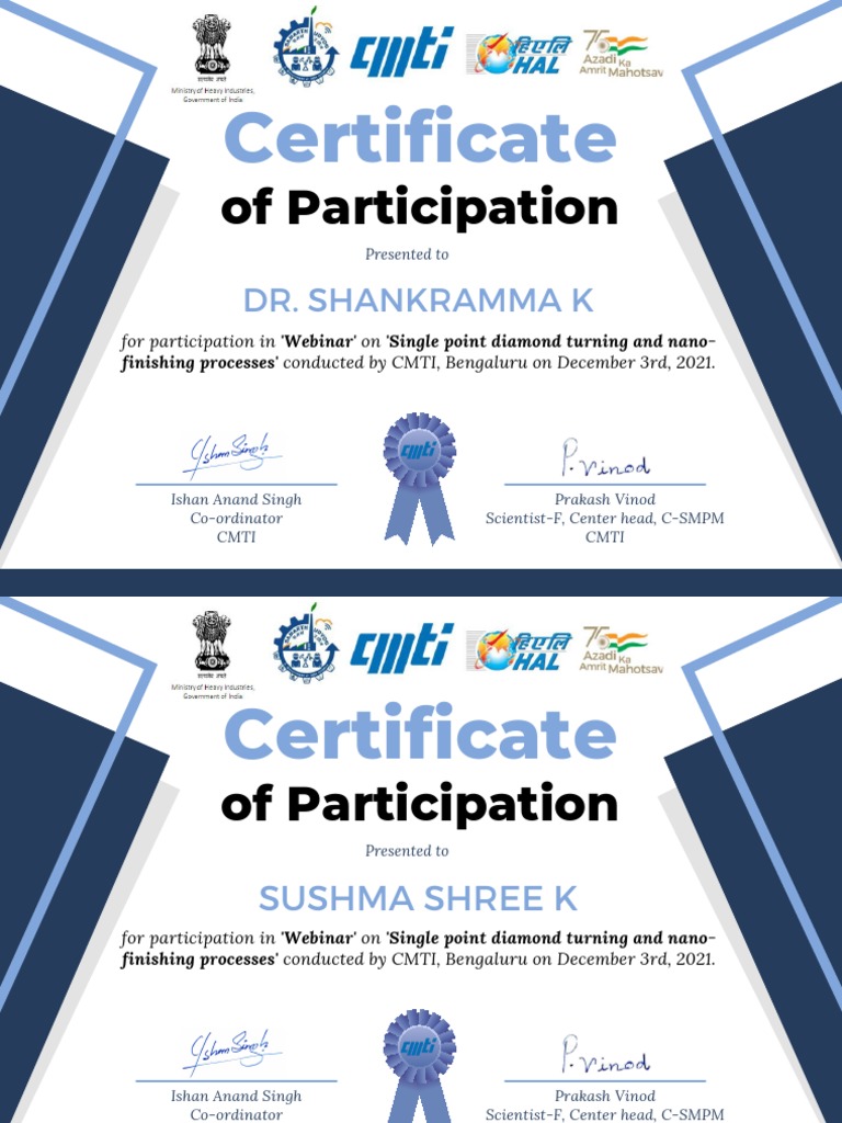 Certificates of Participation for the Webinar 'Single point diamond ...