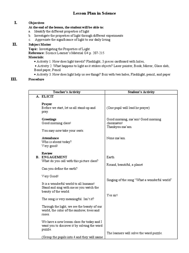 Lesson Plan in Science | PDF | Reflection (Physics) | Light