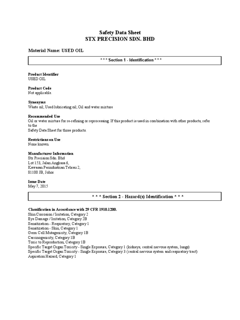 SW 305-Used Oil | PDF | Personal Protective Equipment | Firefighting