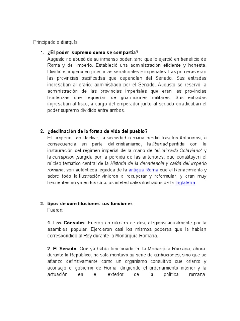 Principado o Diarquia | PDF | imperio Romano | Roma antigua