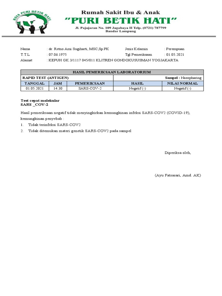 Form Hasil Pemeriksaan Rapid Antigen | PDF