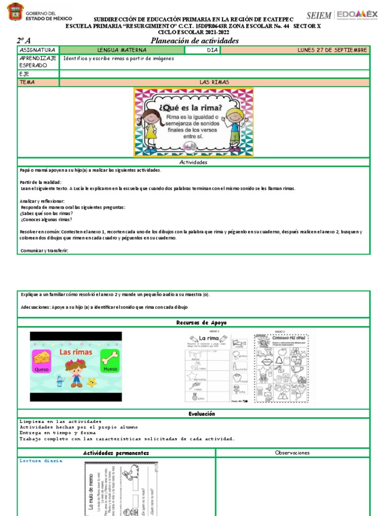 Planificación semanal de actividades para el segundo grado de primaria ...