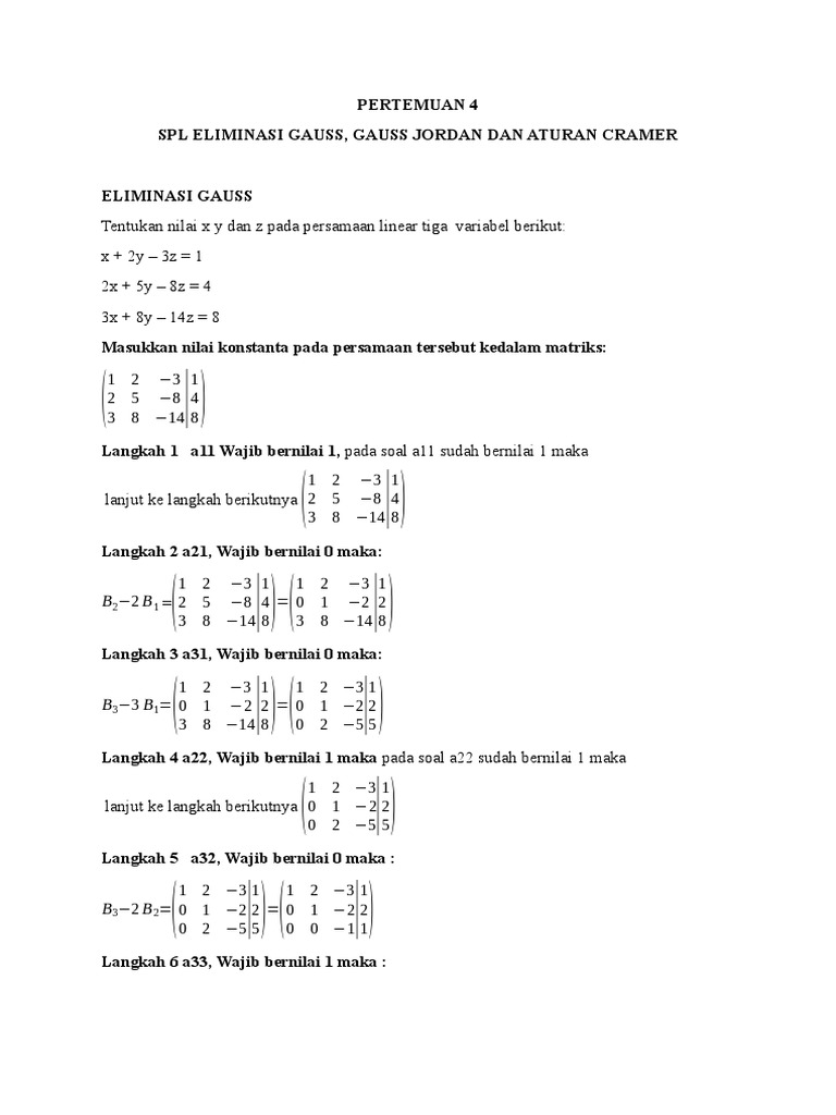 Pertemuan 4 SPL Gauss, Gauss Jordan Dan Cramer | PDF | Metode & Bahan Ajar