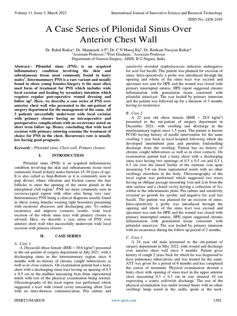 A Case Series Of Pilonidal Sinus Over Anterior Chest Wall Pdf Surgery Epidemiology