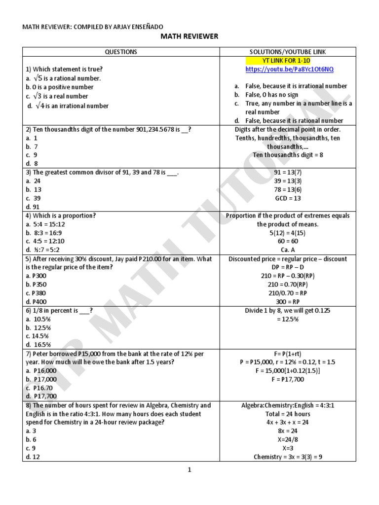Math Reviewer | PDF | Numbers | Grain (Unit)