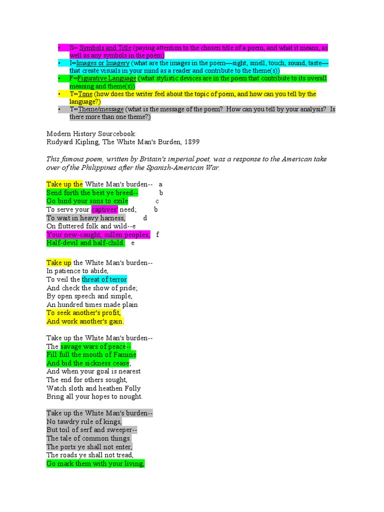 White Mans Burden With Questions - With Annotatins | PDF | Poetry ...