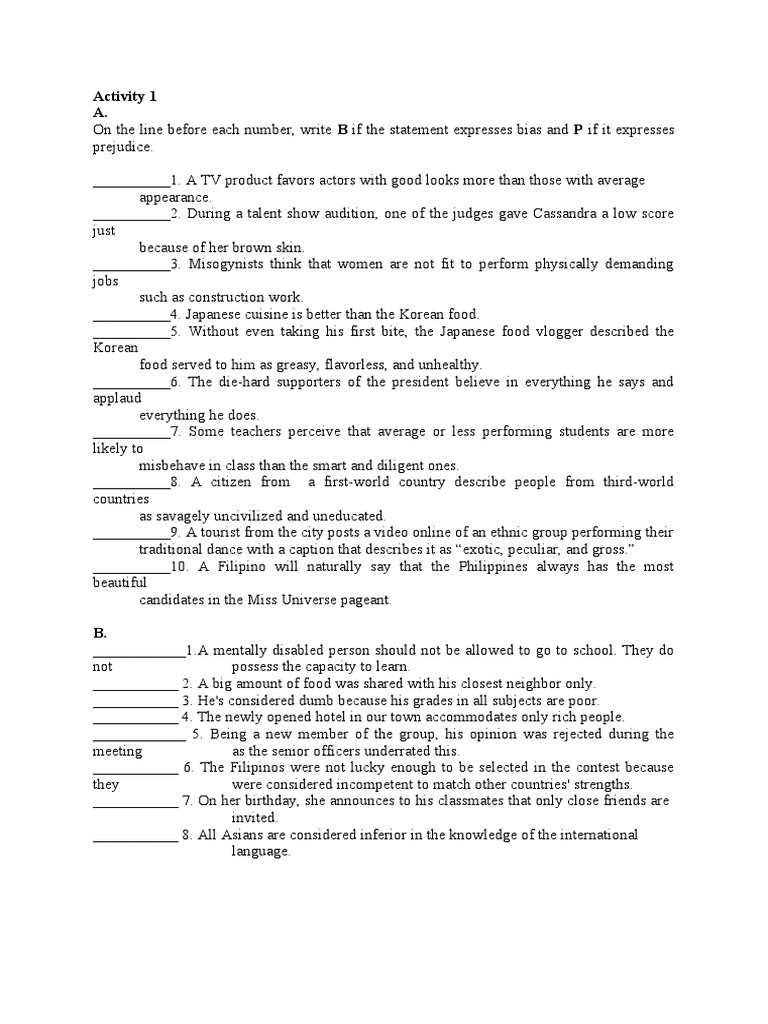 Bias and Prejudice Activity Sheet | PDF | Bias | Prejudices