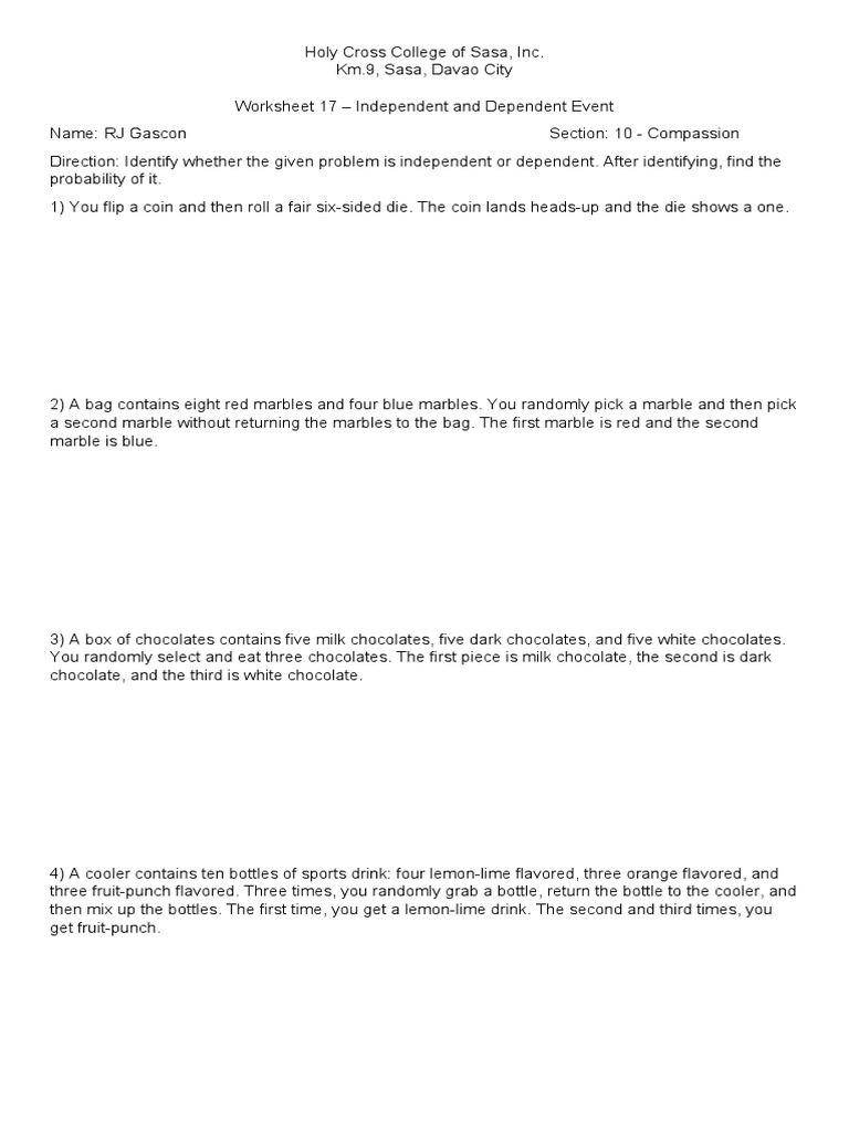 Independent vs. Dependent Events Worksheet | PDF | Sports & Recreation ...