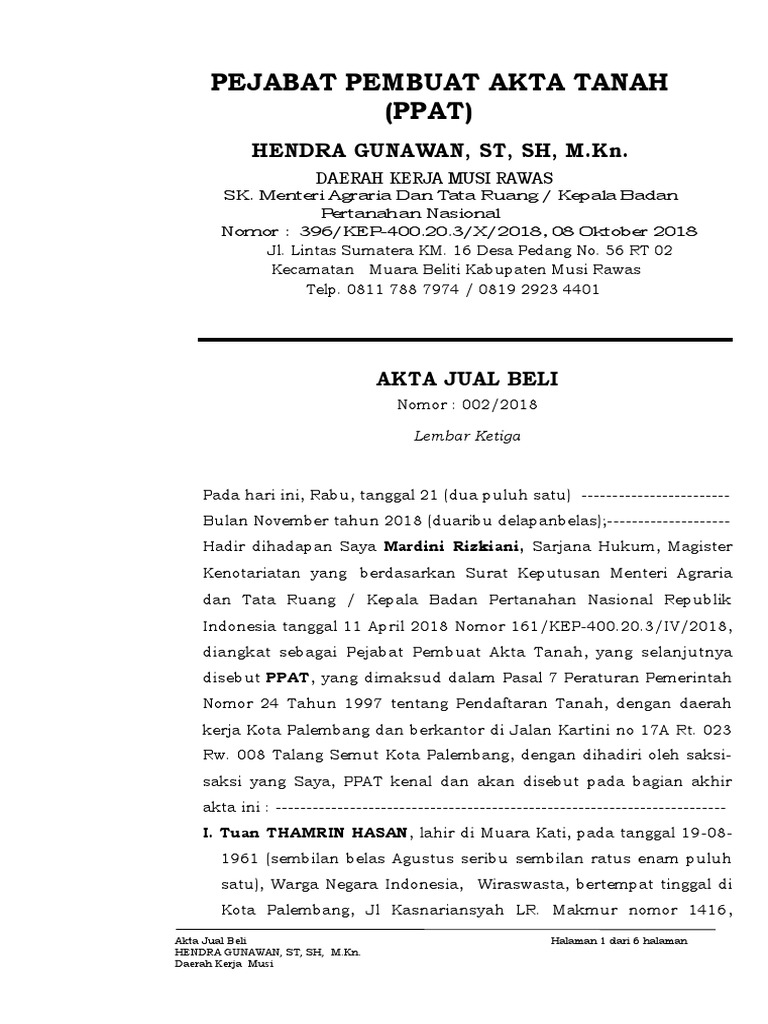 MINUTA AKTA JUAL BELI PATRIS | PDF