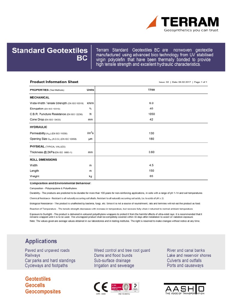 Terram 700 Data Sheet For Submission | PDF | Seam (Sewing) | Sewing