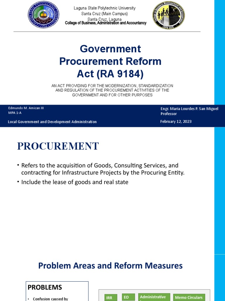RA9184 Government Procurement Reform Act - EMA | PDF | Procurement ...