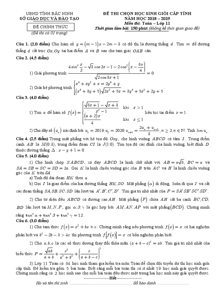 De Thi Chon HSG Cap Tinh Toan 11 Nam 2018 2019 So GDDT Bac Ninh | PDF