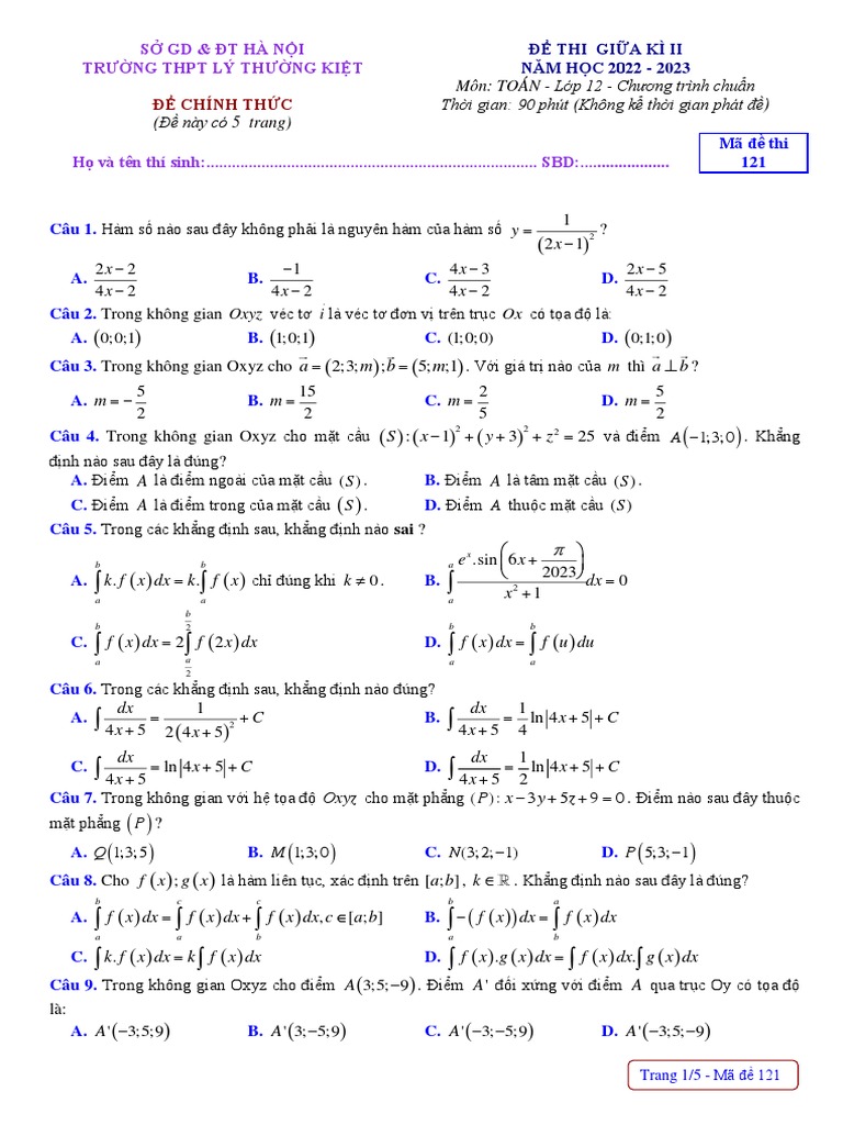 De Giua Ki 2 Toan 12 Nam 2022 2023 Truong THPT Ly Thuong Kiet Ha Noi | PDF